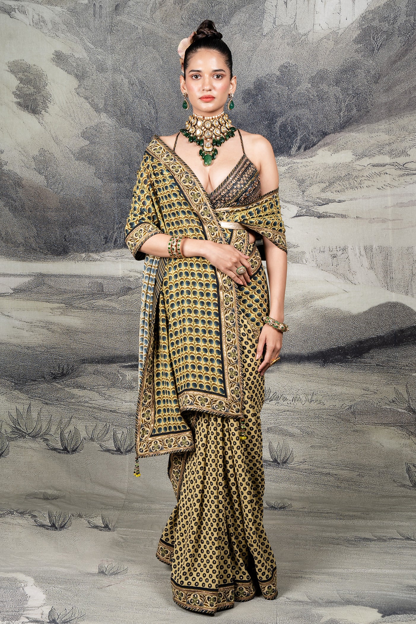 Olive Mustard - Midnight Blue Saree Set | BARODA