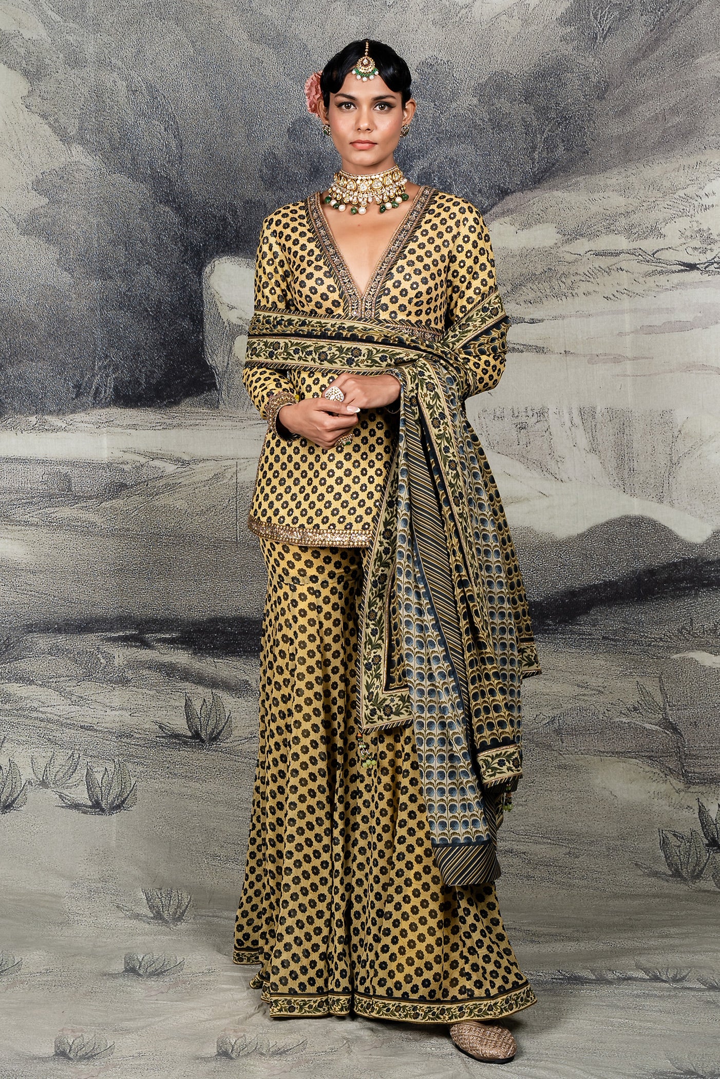 Olive Mustard - Midnight Blue Sharara Set | BARODA