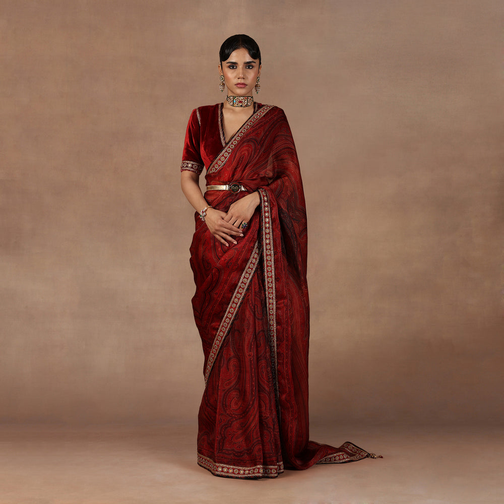 Red Jamawar Saree Set | EAST