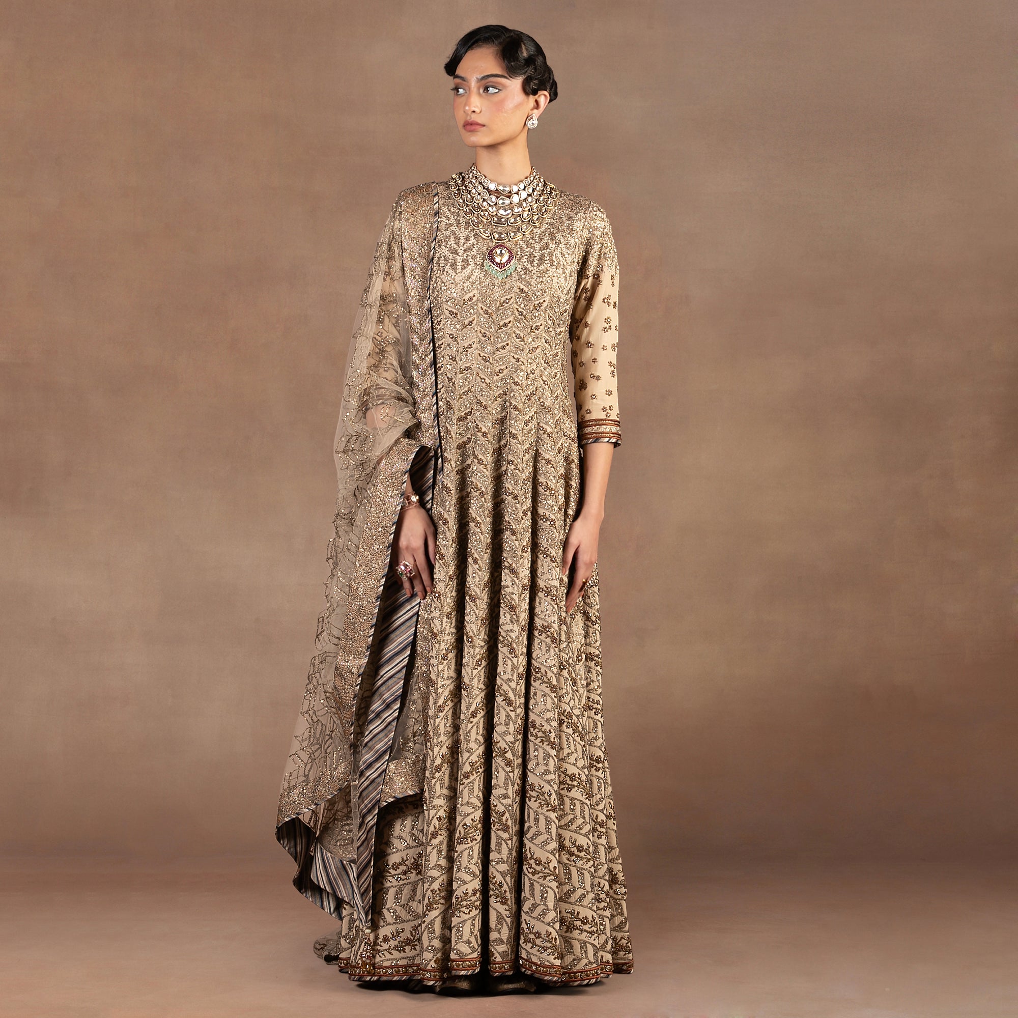 Almond Ivory Chevron Anarkali Set | EAST